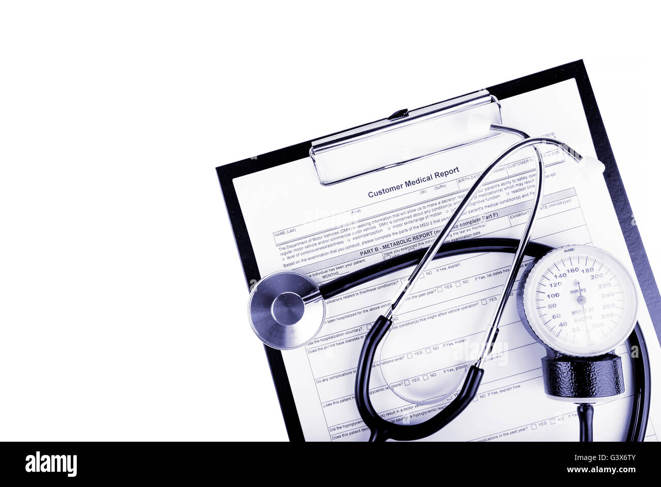 Medical concept of medical report with stethoscope isolated on white ...