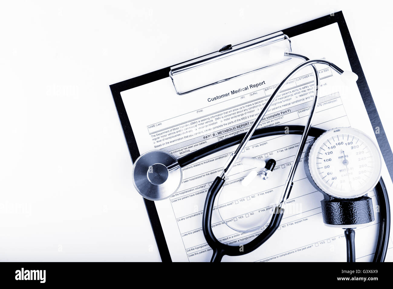 Medical concept of medical report with stethoscope isolated on white ...