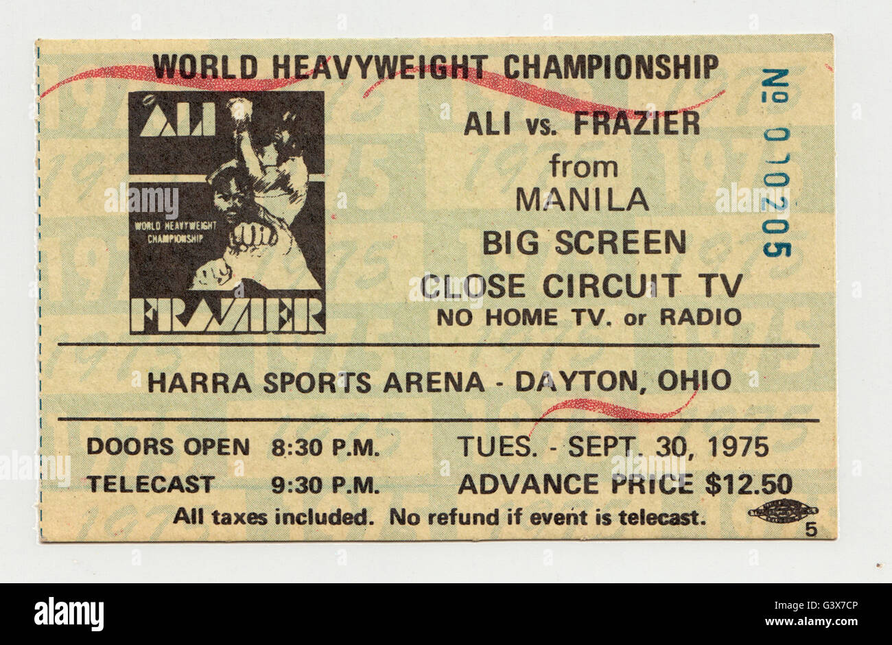 A 1975 ticket stub to a closed circuit TV viewing of the THRILLA IN ...