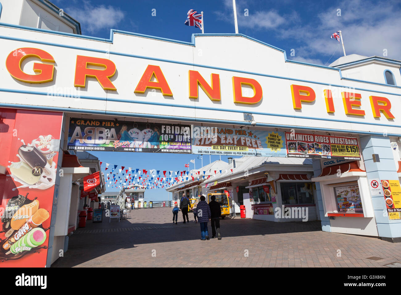 The entrance to the Grand Pier on the seafront at Weston-Super-Mare ...