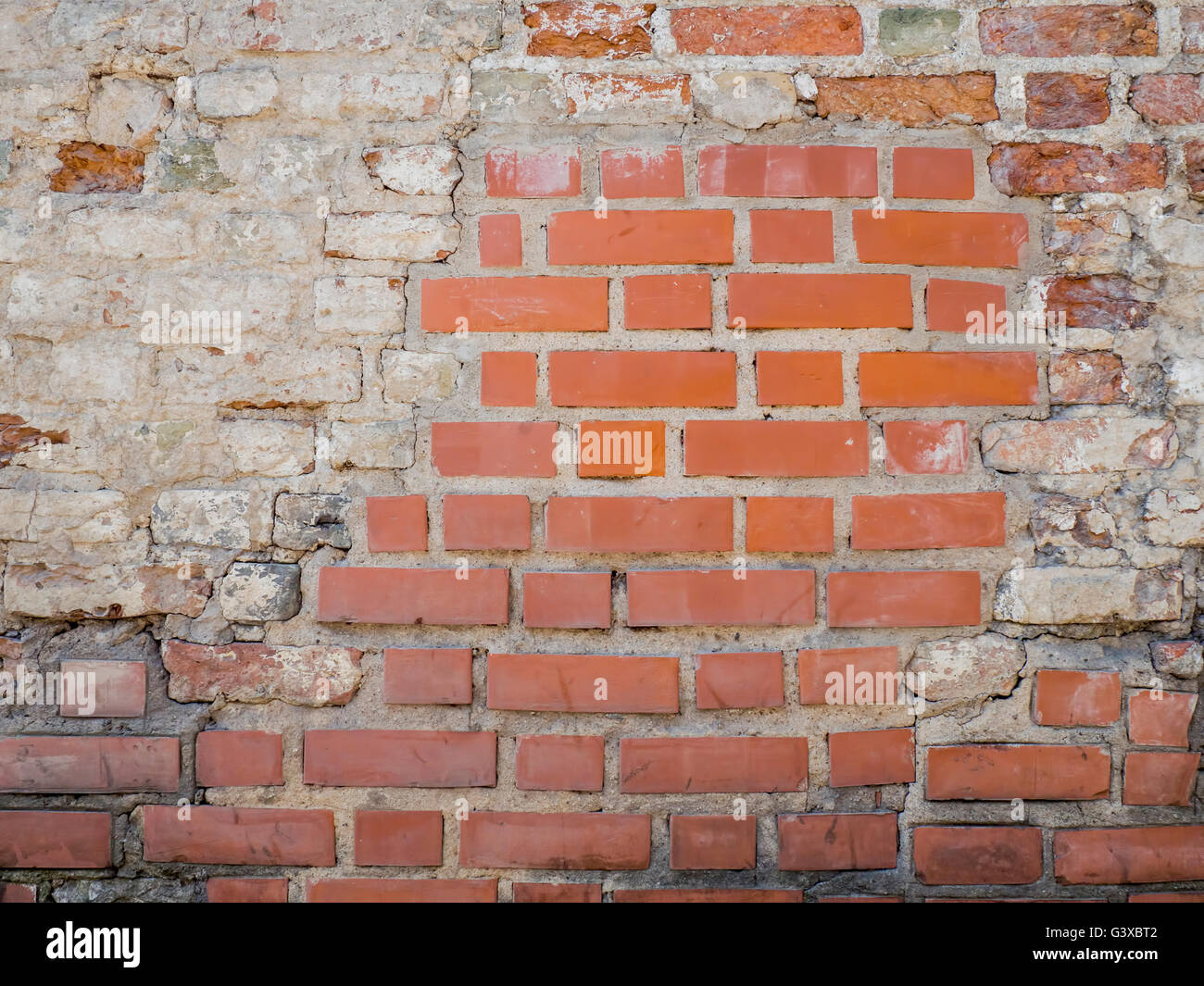 Old red brick wall with white plaster texture background Stock Photo ...