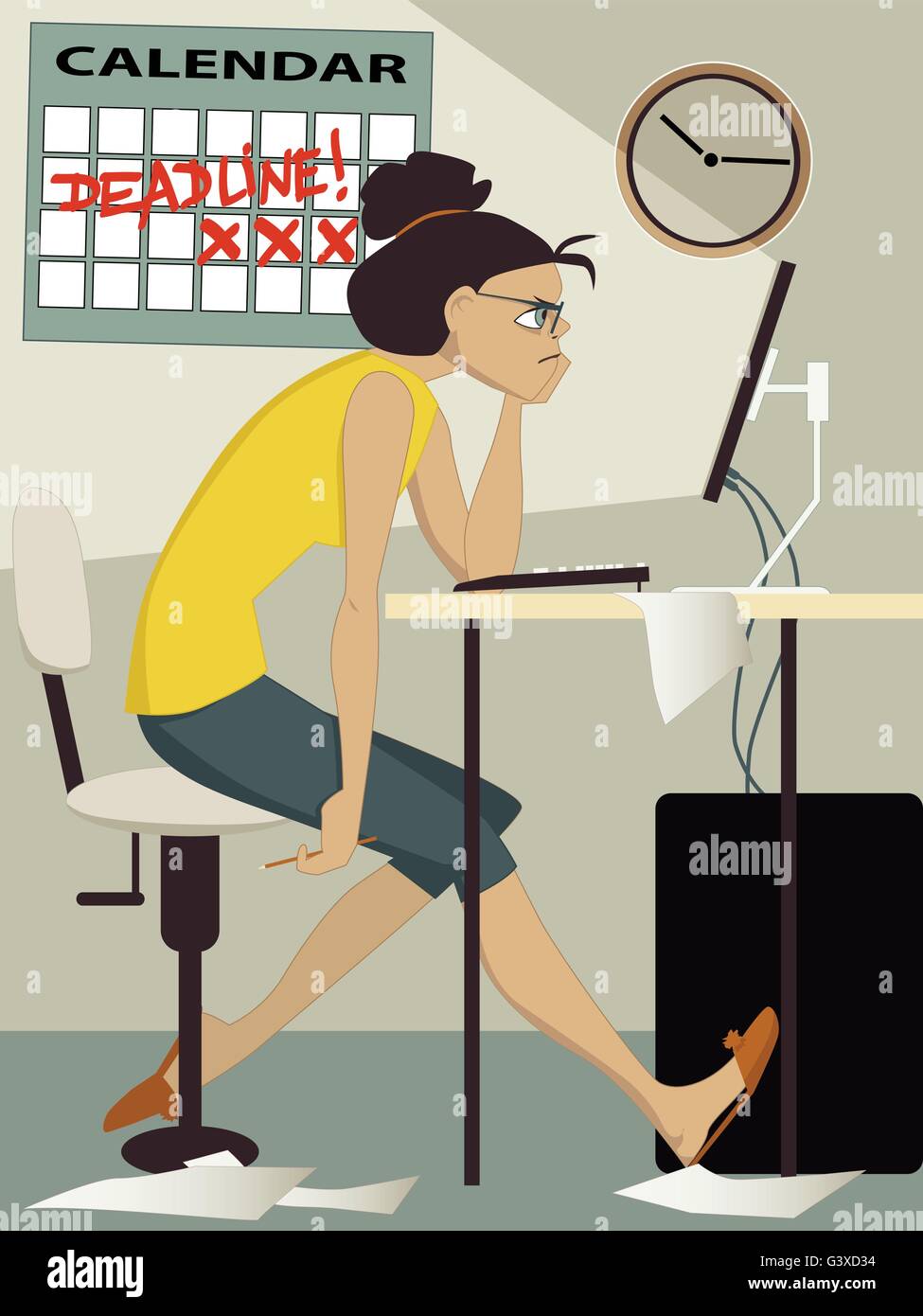 Frustrated woman working on her computer at home, a calendar with the ...