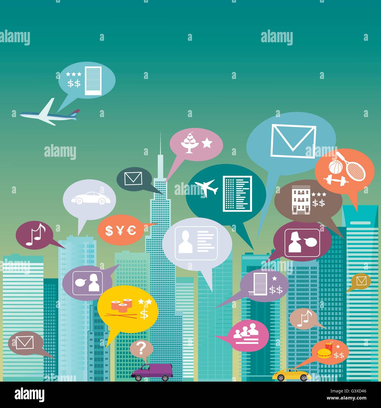 City social network. Urban landscape filled with social network icons ...