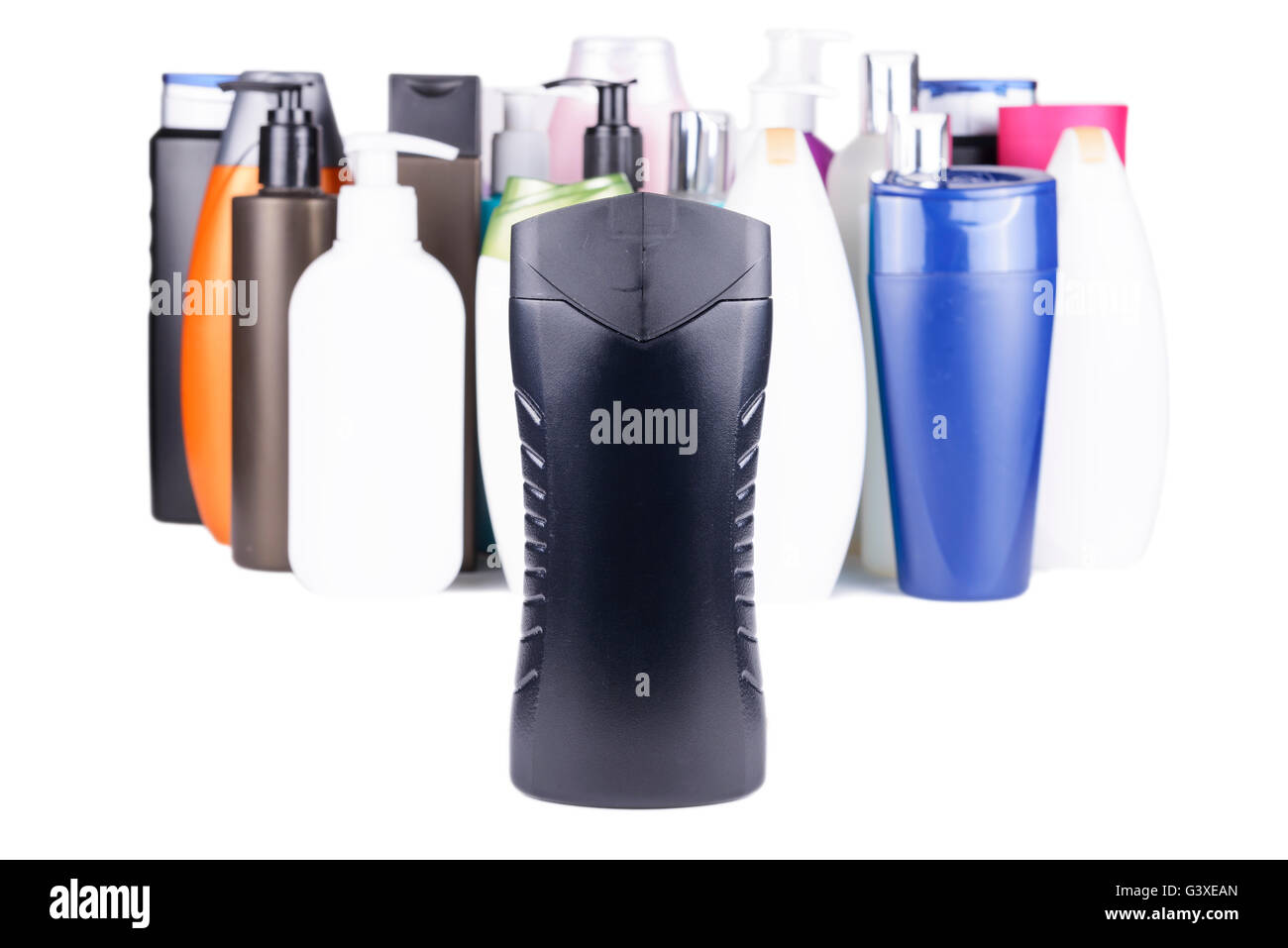 Concept of plastic bottles of shampoo isolated on white Stock Photo - Alamy