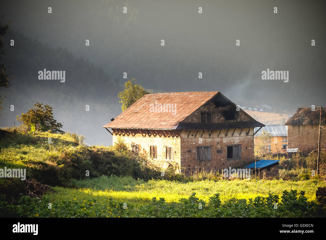 Traditional style beautiful houses of Nepali village near the forest in ...
