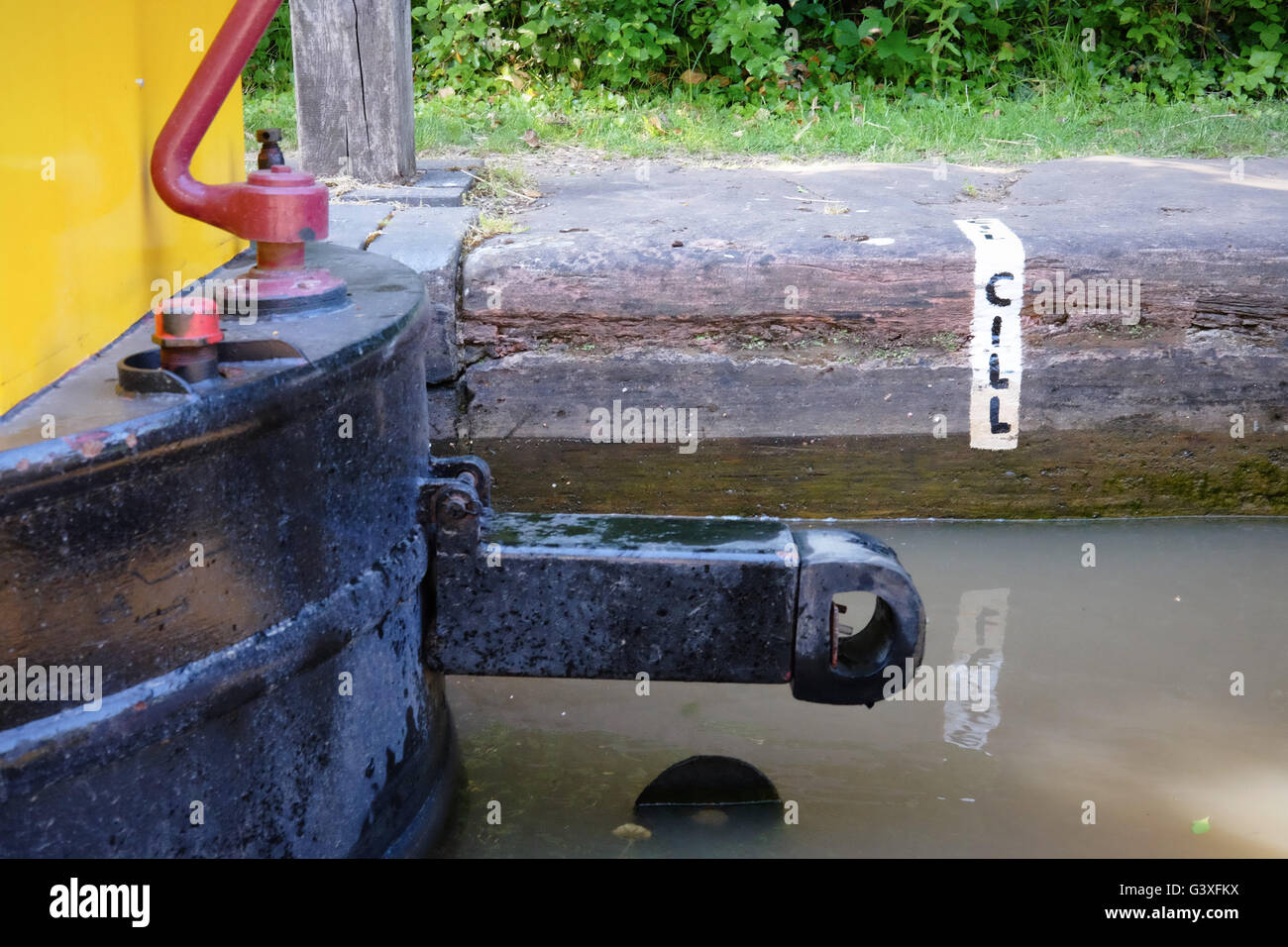 A canal barge lies in a lock in front of the cill mark to ensure it ...
