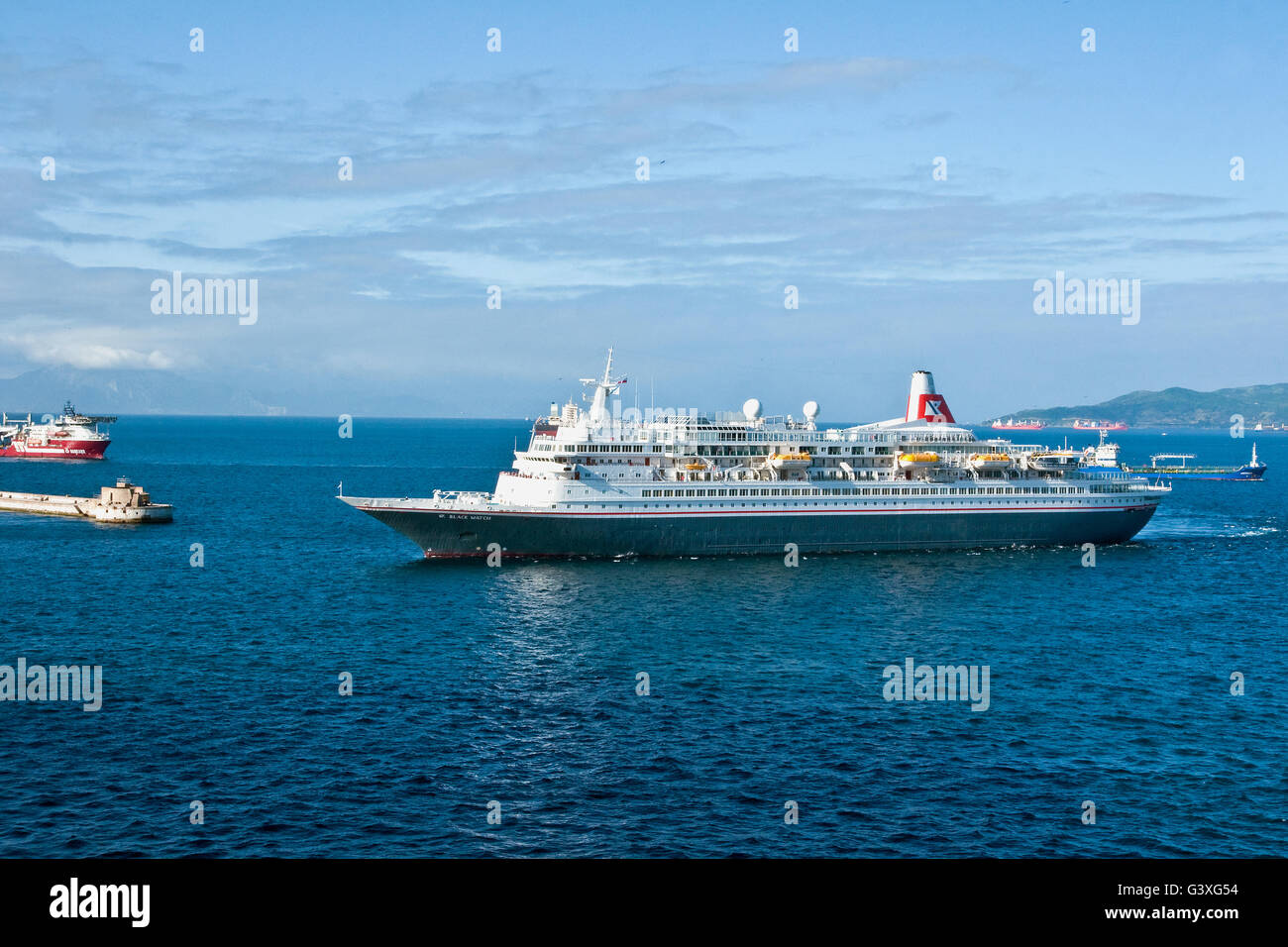 Fred Olsen Line cruise liner Black Watch entering harbour at Gibraltar ...