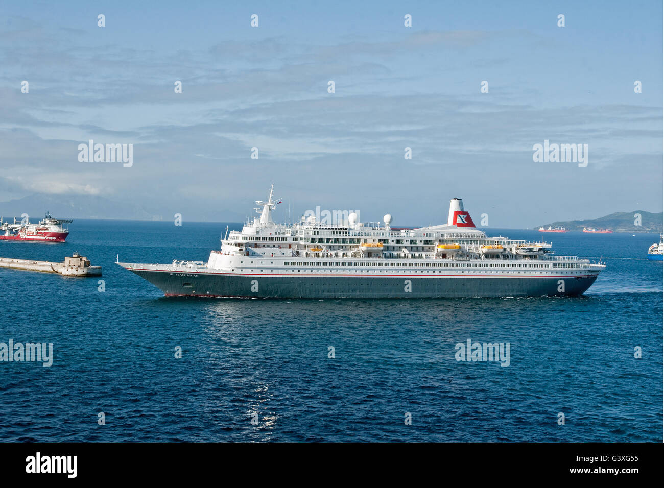 Fred Olsen Line cruise liner Black Watch entering harbour at Gibraltar ...