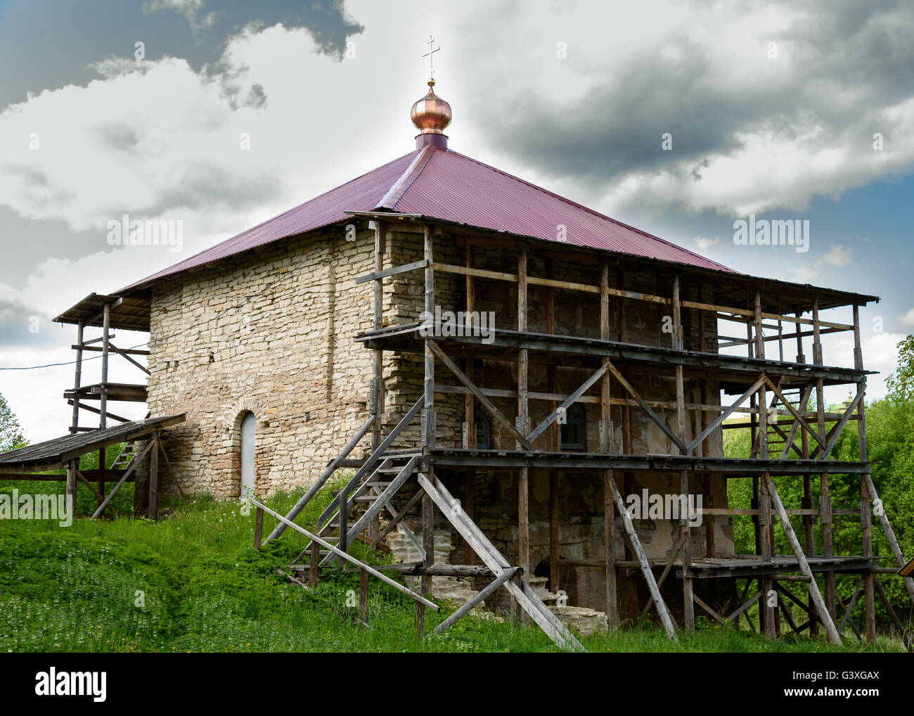 Pskov, Malsky monastery, the old stone Church Stock Photo - Alamy