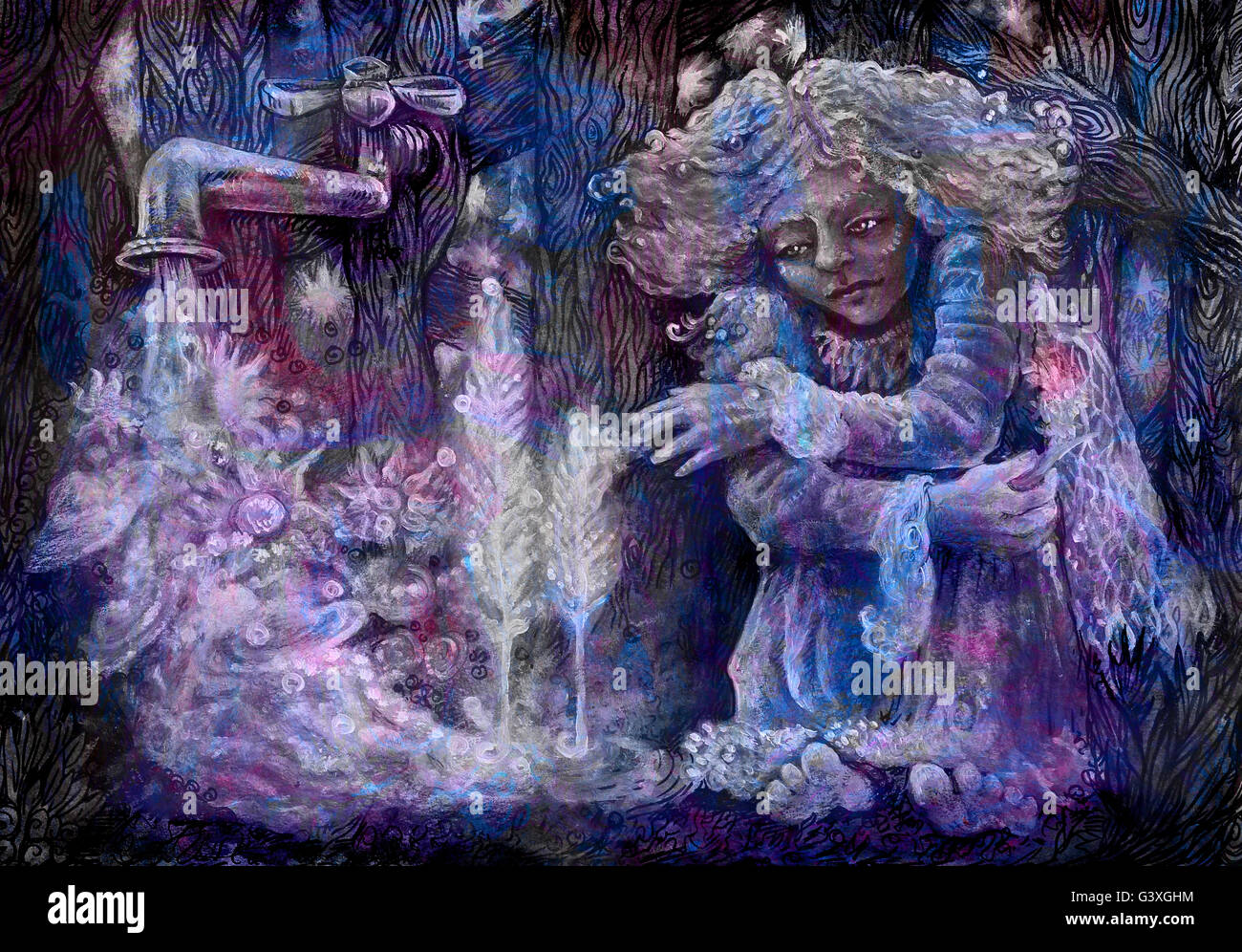 little fairy sitting behind a fence with pouring starry water Stock ...