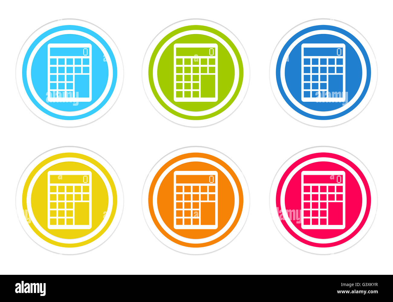 Set of rounded colorful icons with calculator symbol in blue, green ...