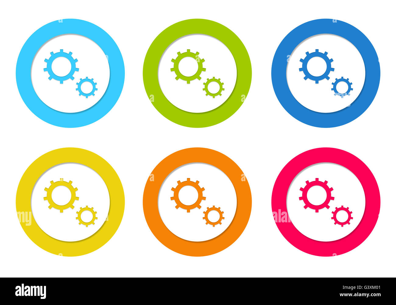 Set of rounded icons with gears symbol in blue, green, yellow, orange ...