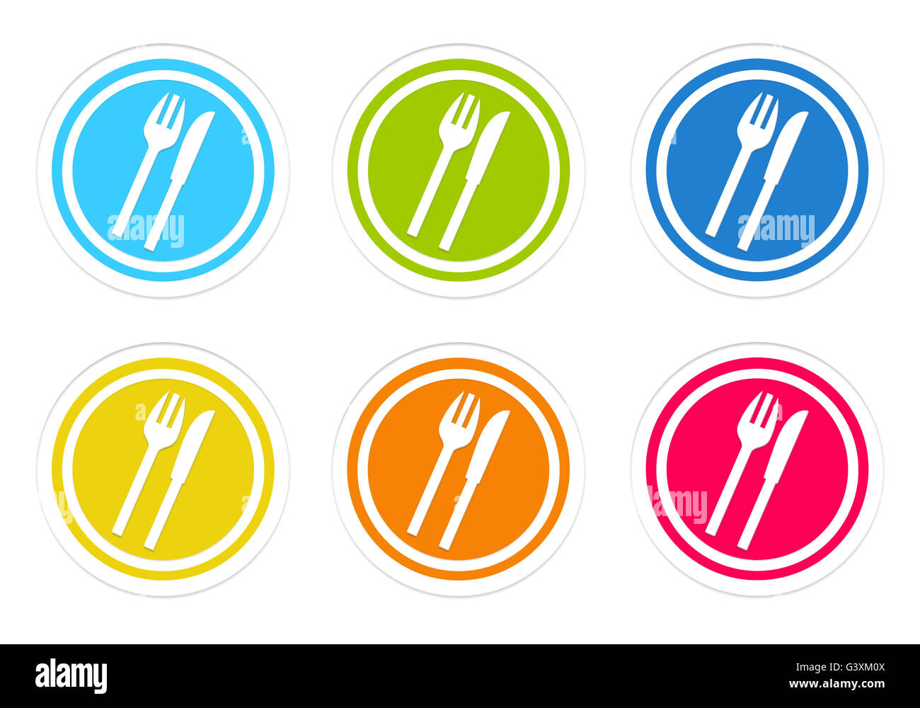 Set of rounded colorful icons with restaurant symbol in blue, green ...