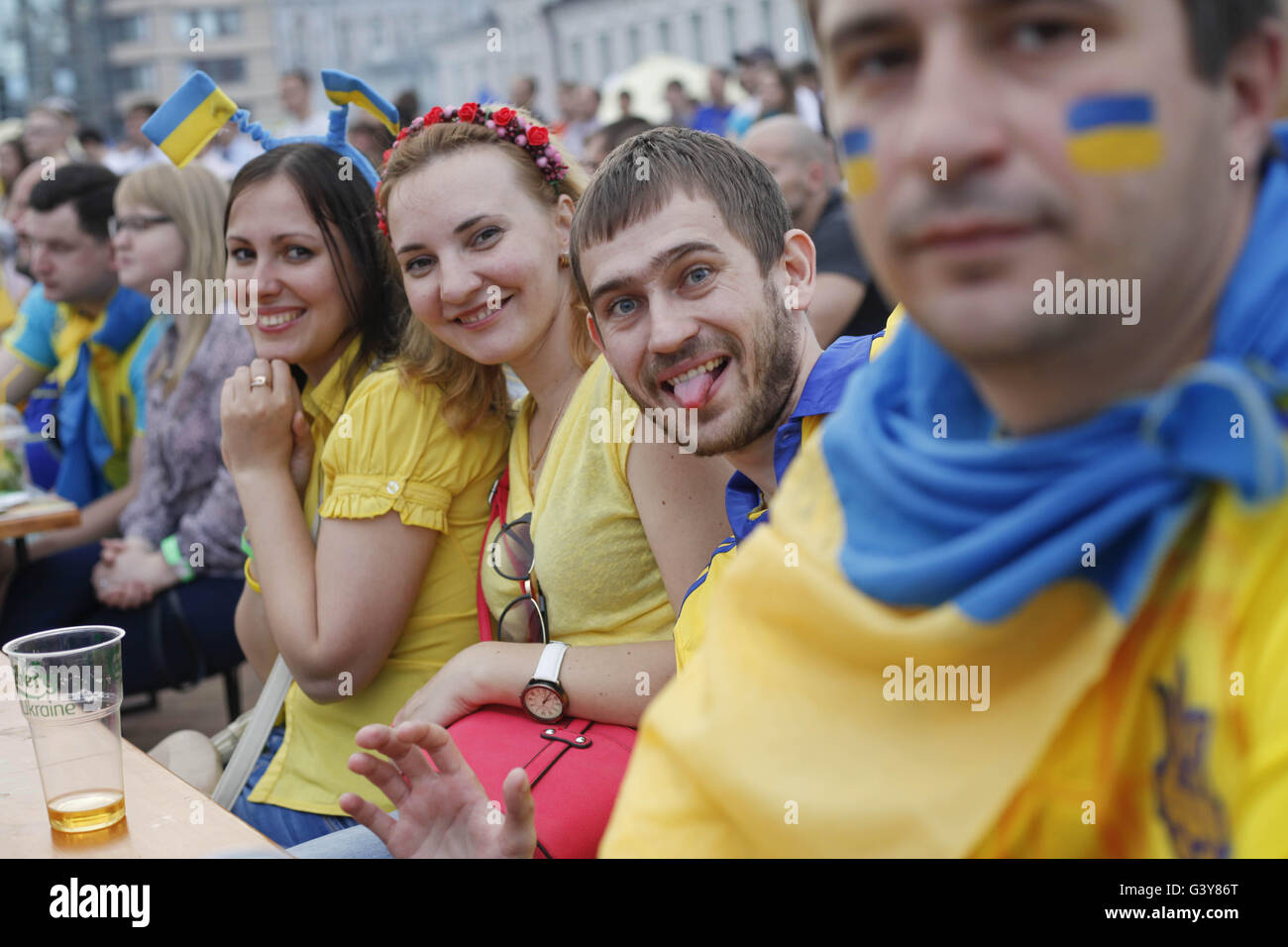 Kiev, Ukraine. 16th June, 2016. Ukrainian fans watch the UEFA EURO 2016 ...
