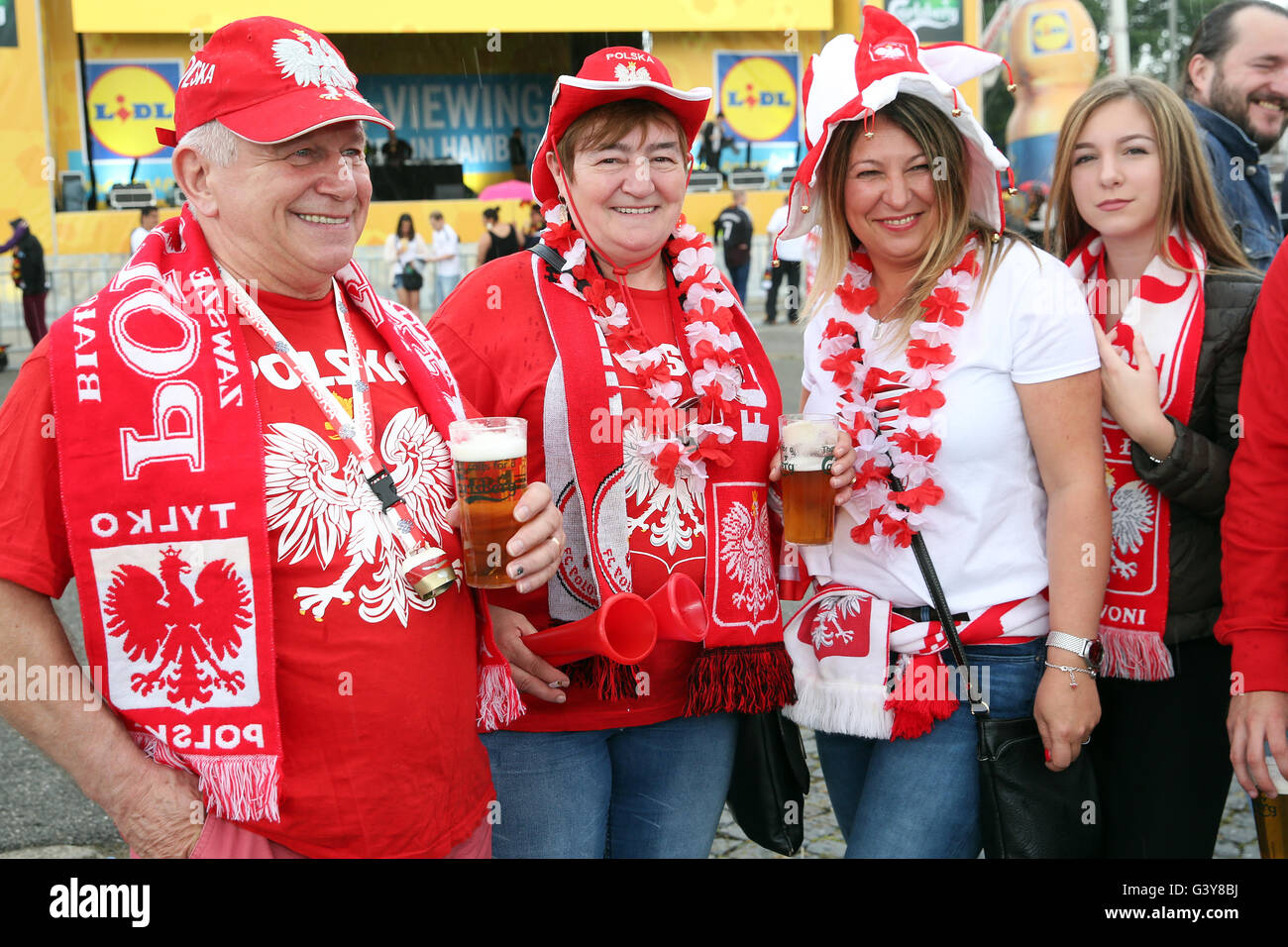 Hamburg, Germany. 16th June, 2016. Supporters if the Polish team wait ...