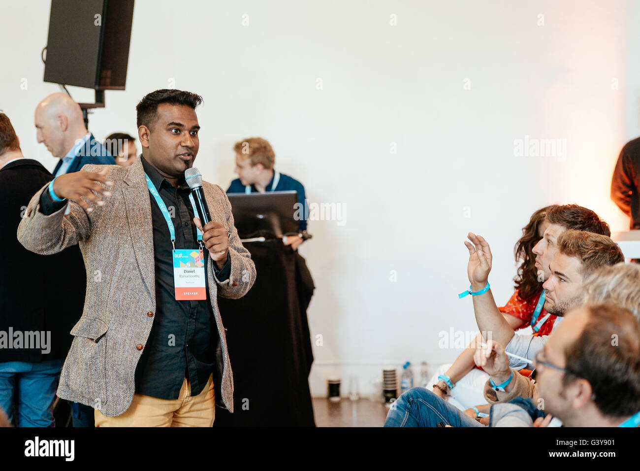 MUNICH/GERMANY - JUNE 16: Daniel Ramamoorthy (Serial Entrepreneur) talks to participants during ...
