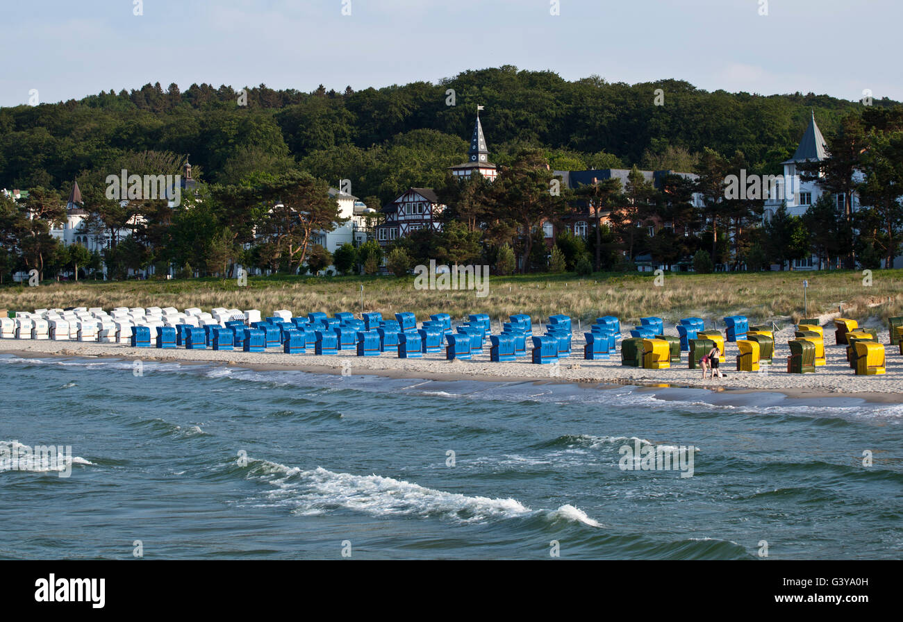 Roofed wicker beach chairs on the beach, Binz, Ruegen Island, or Rugia ...