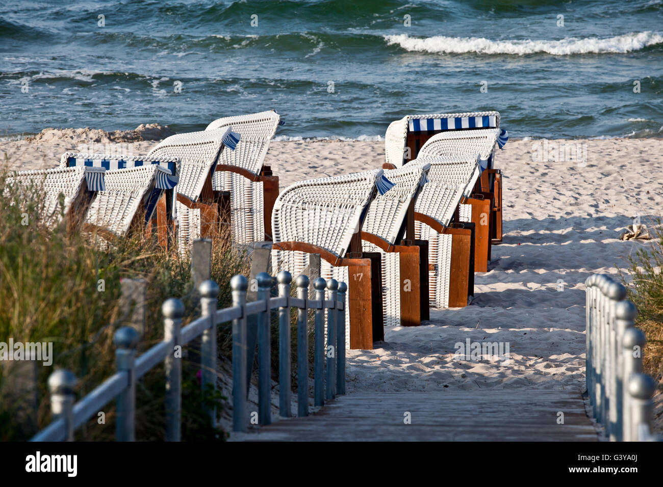 Roofed wicker beach chairs on the beach, Binz, Ruegen Island, or Rugia ...