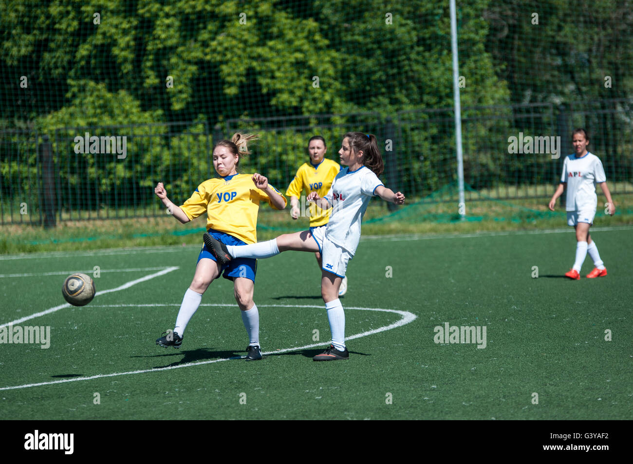 Orenburg, Russia - 12 June 2016: Girls play mini soccer at the stadium ...
