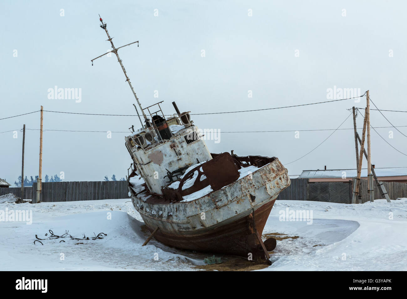 Old rusty ship on winter shore of Lake Baikal Stock Photo - Alamy