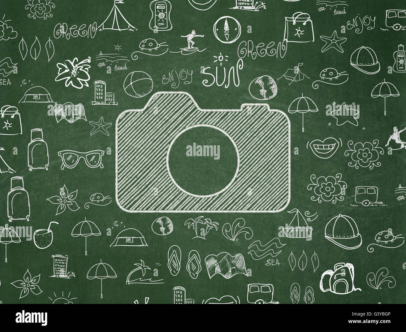 Vacation concept: Photo Camera on School board background Stock Photo ...