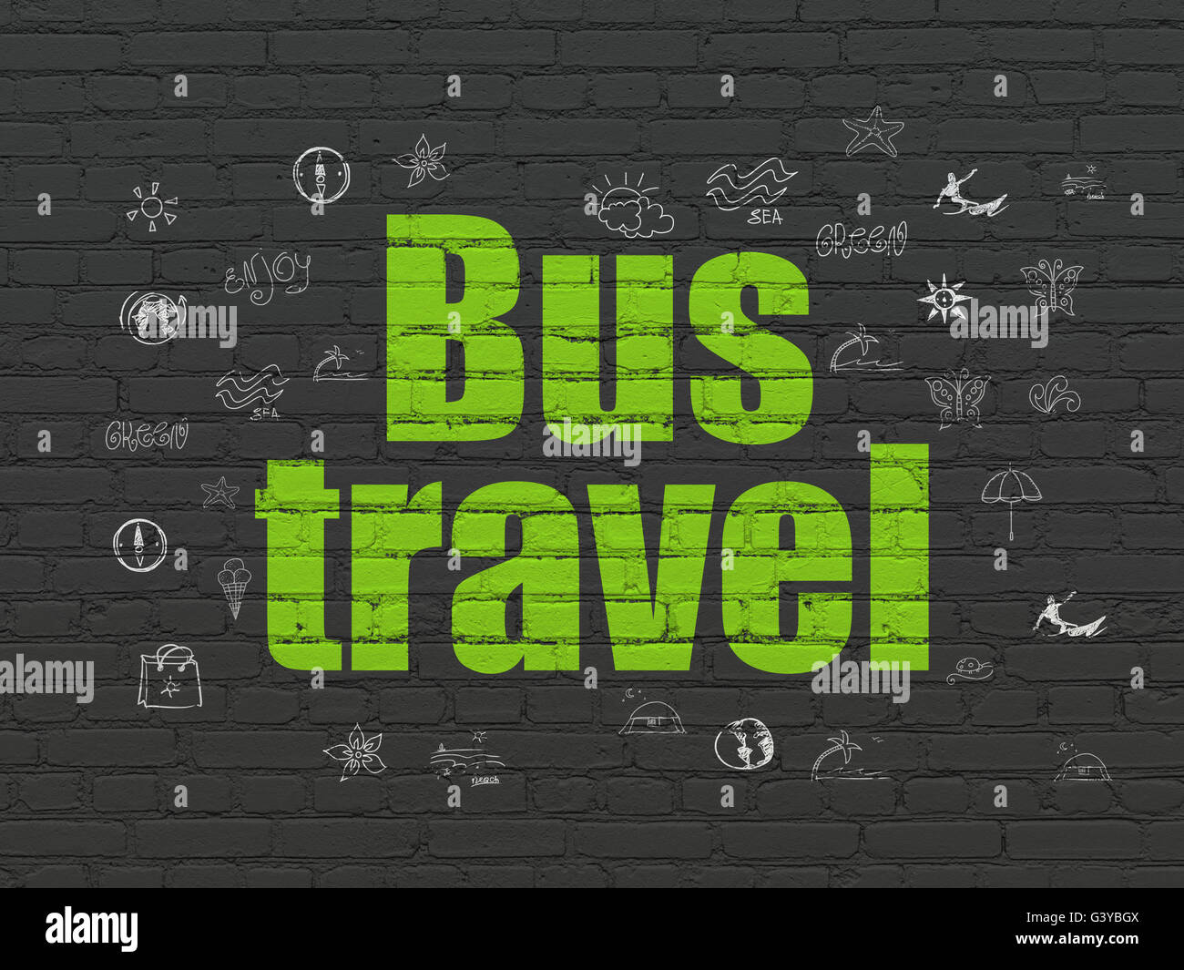 Vacation concept: Bus Travel on wall background Stock Photo - Alamy