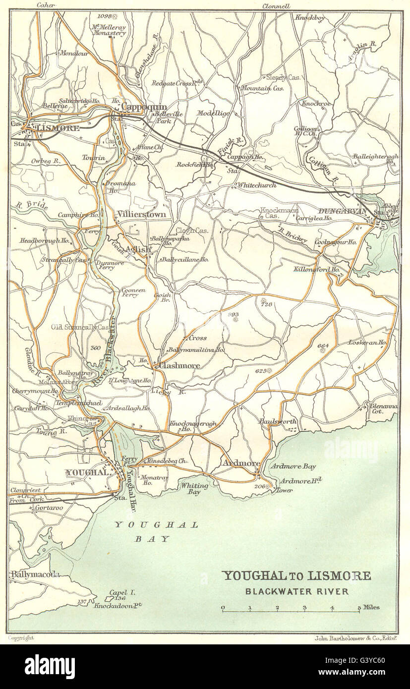 IRELAND: Youghal to Lismore Blackwater River, 1906 antique map Stock ...