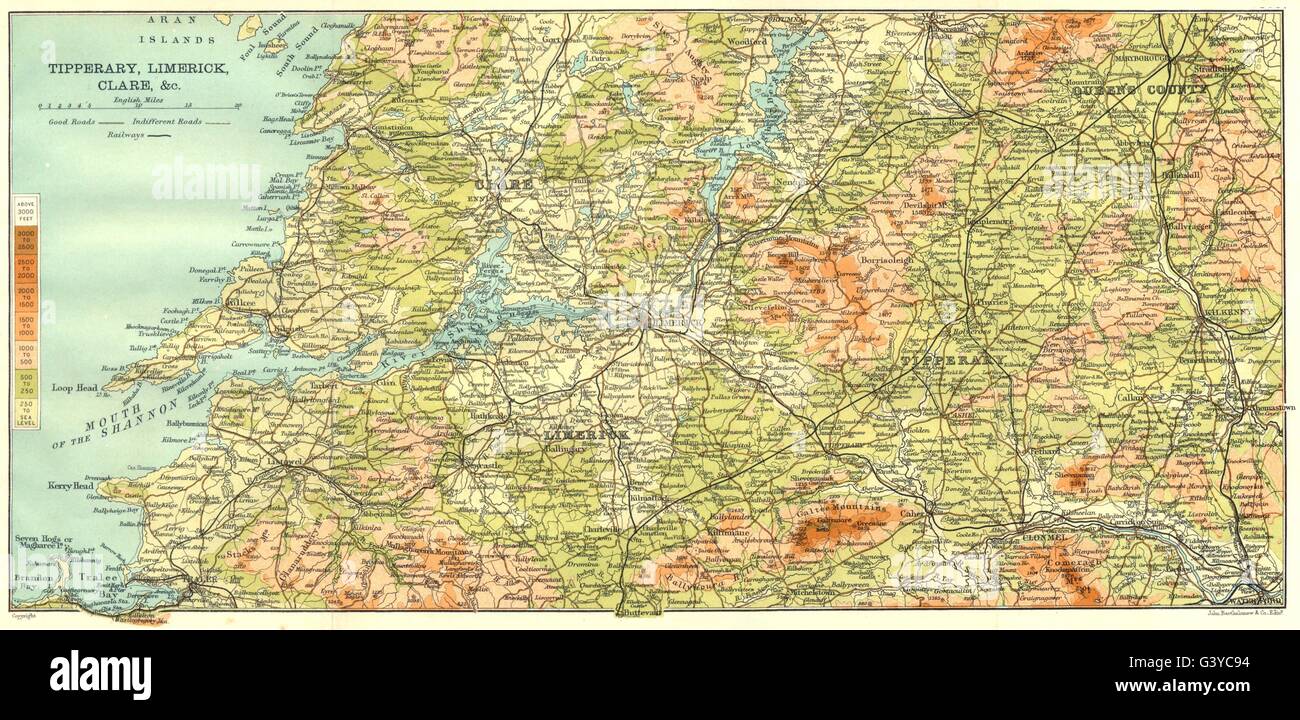 IRELAND: Tipperary, Limerick, Clare & c, 1906 antique map Stock Photo ...