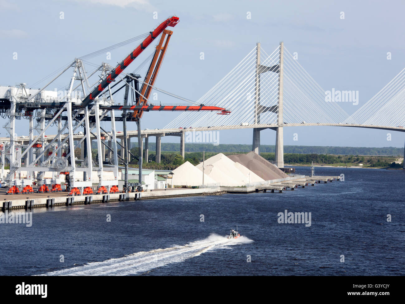 The view of Jacksonville city port with a bridge over St. Johns River ...