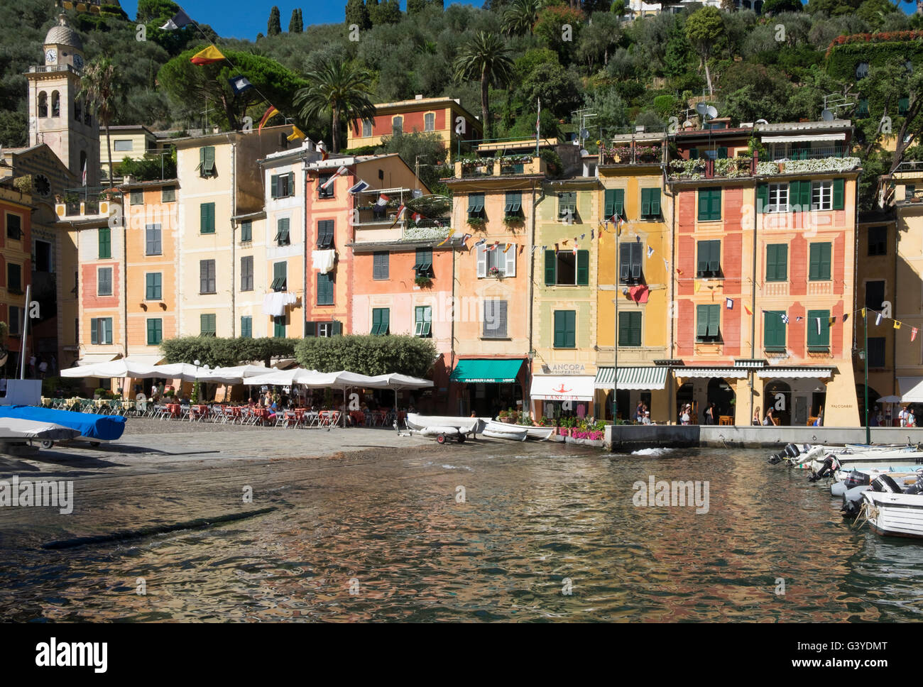 Portofino harbour in Italy showing colourful buildings and shore Stock ...