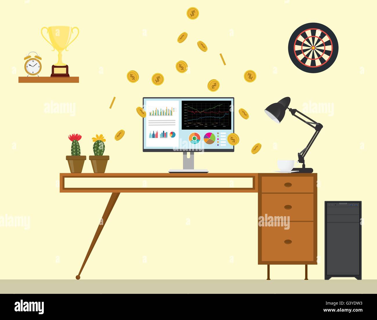 business monitoring with graph and chart on front of the monitor and ...