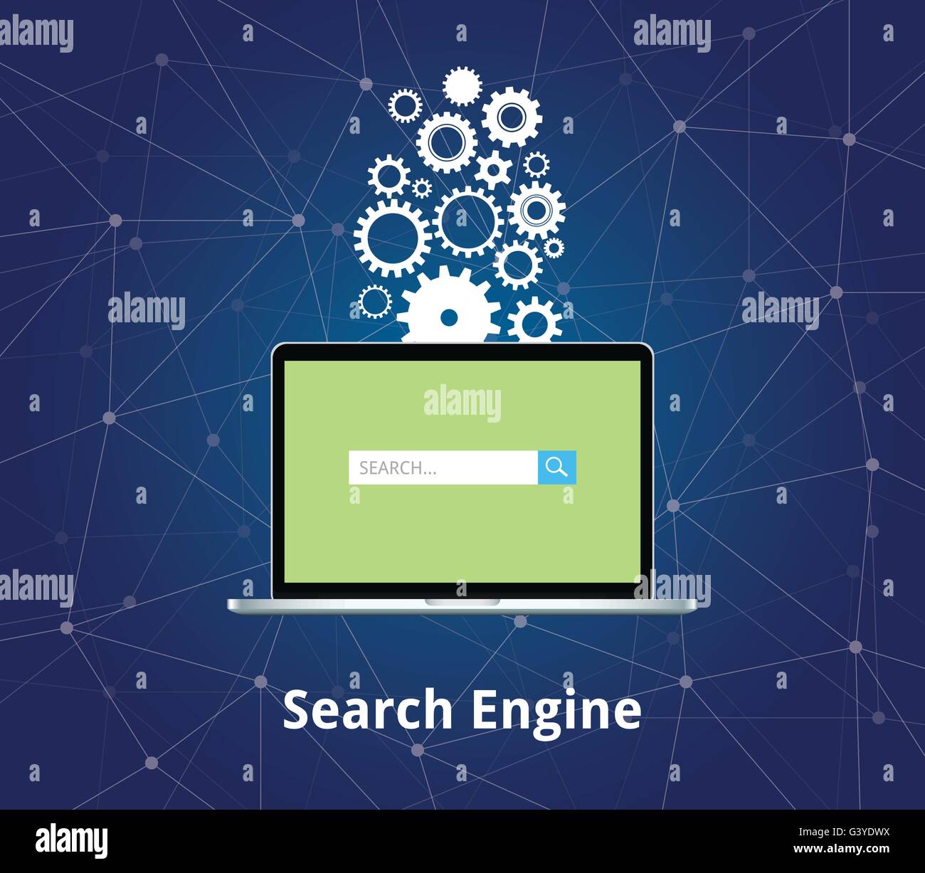 search engine laptop with searching box and gear as background vector ...