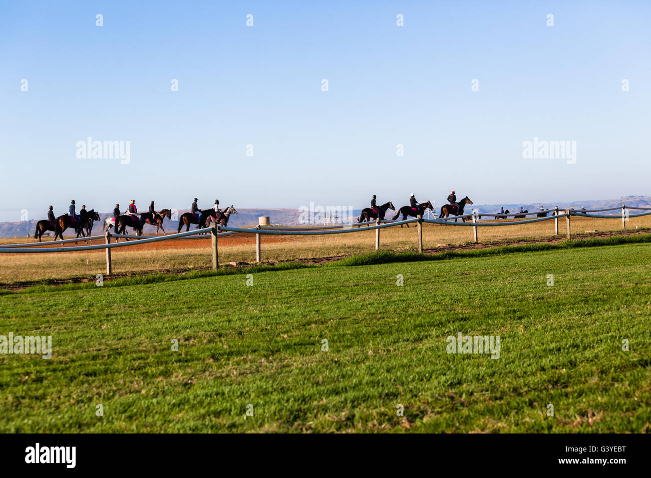 Race horses riders training countryside morning track landscape Stock ...