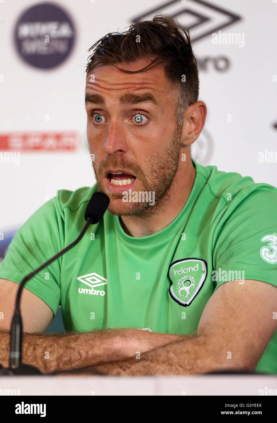 Republic of Ireland's Richard Keogh speaks to the media during a press ...