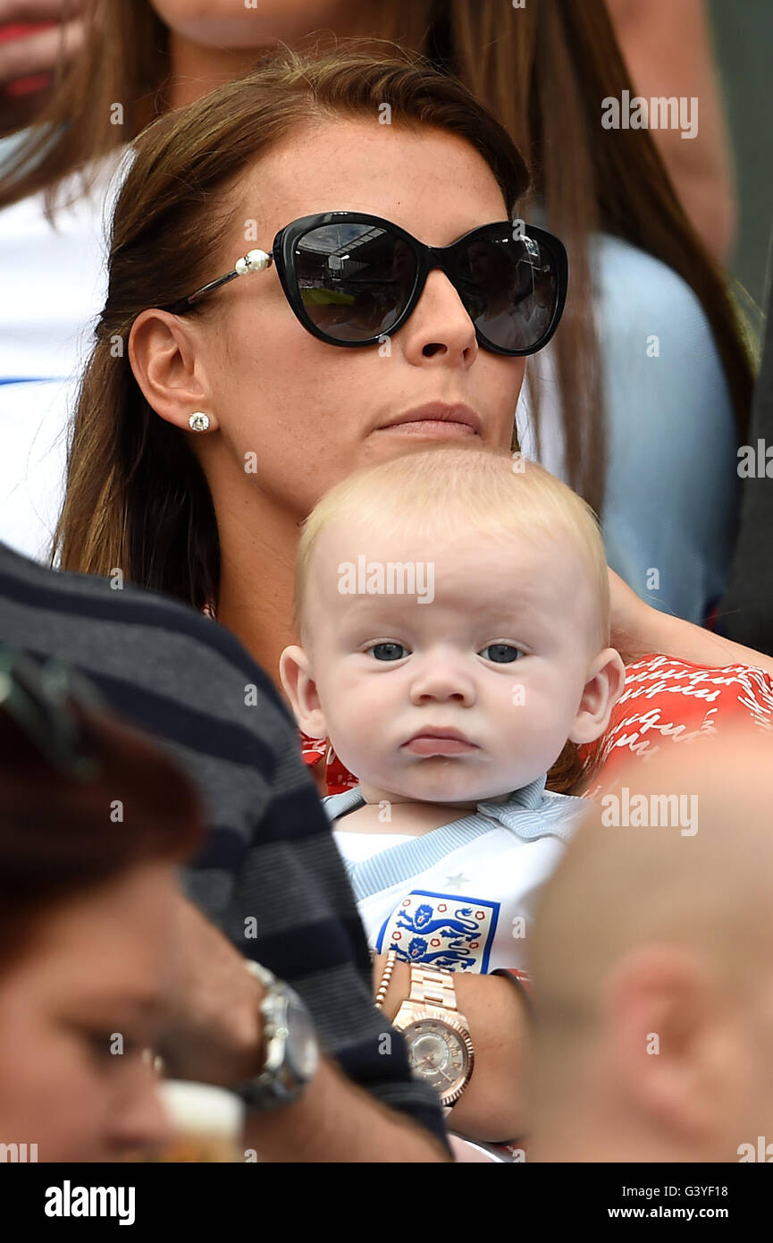 Coleen Rooney and new born baby Kit Rooney in the stands during the ...
