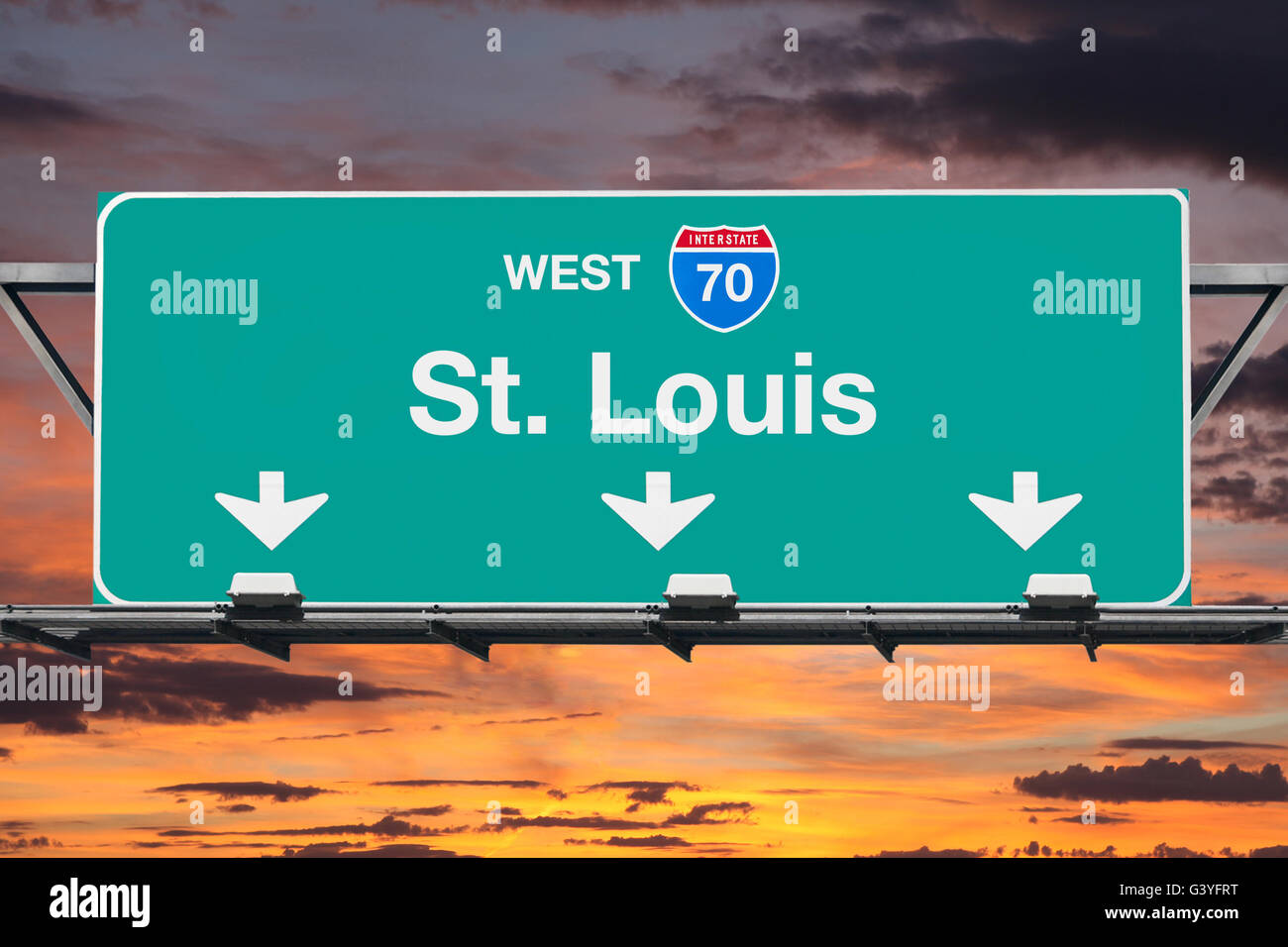 St Louis Interstate 70 west highway sign with sunrise sky Stock Photo ...