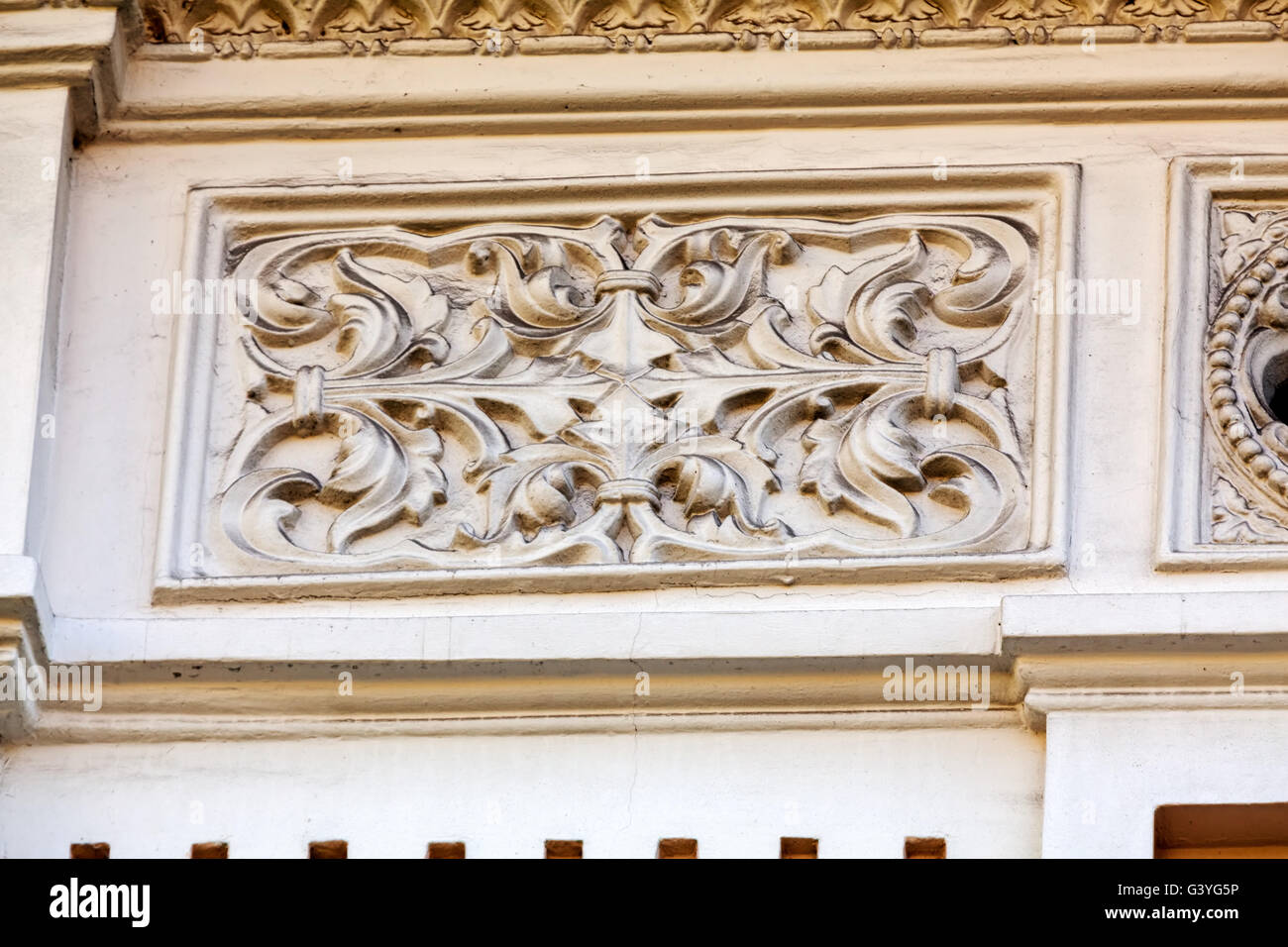 stone facade on classical building with ornaments and sculptures Stock ...