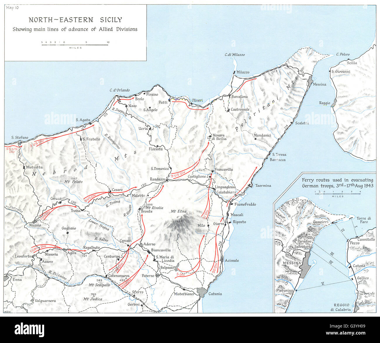 SICILY: Allies;Etna;July-Aug 1943;Ferry routes evacuating German troops ...