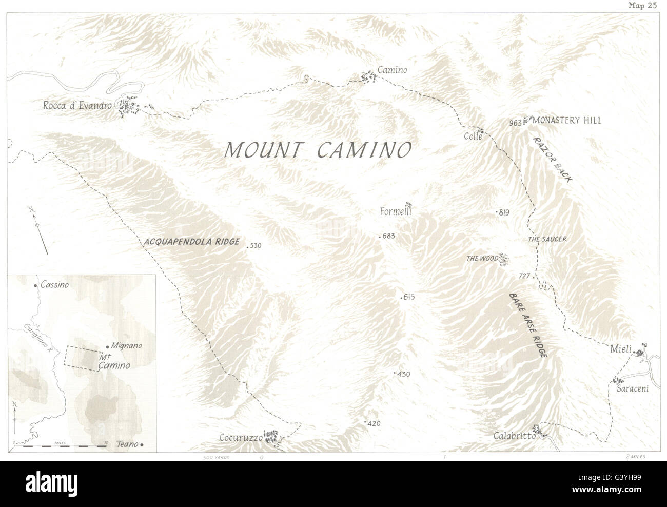 ITALY: Winter line (Oct-Nov 1943) : Mount Camino; Inset map of Cassino ...