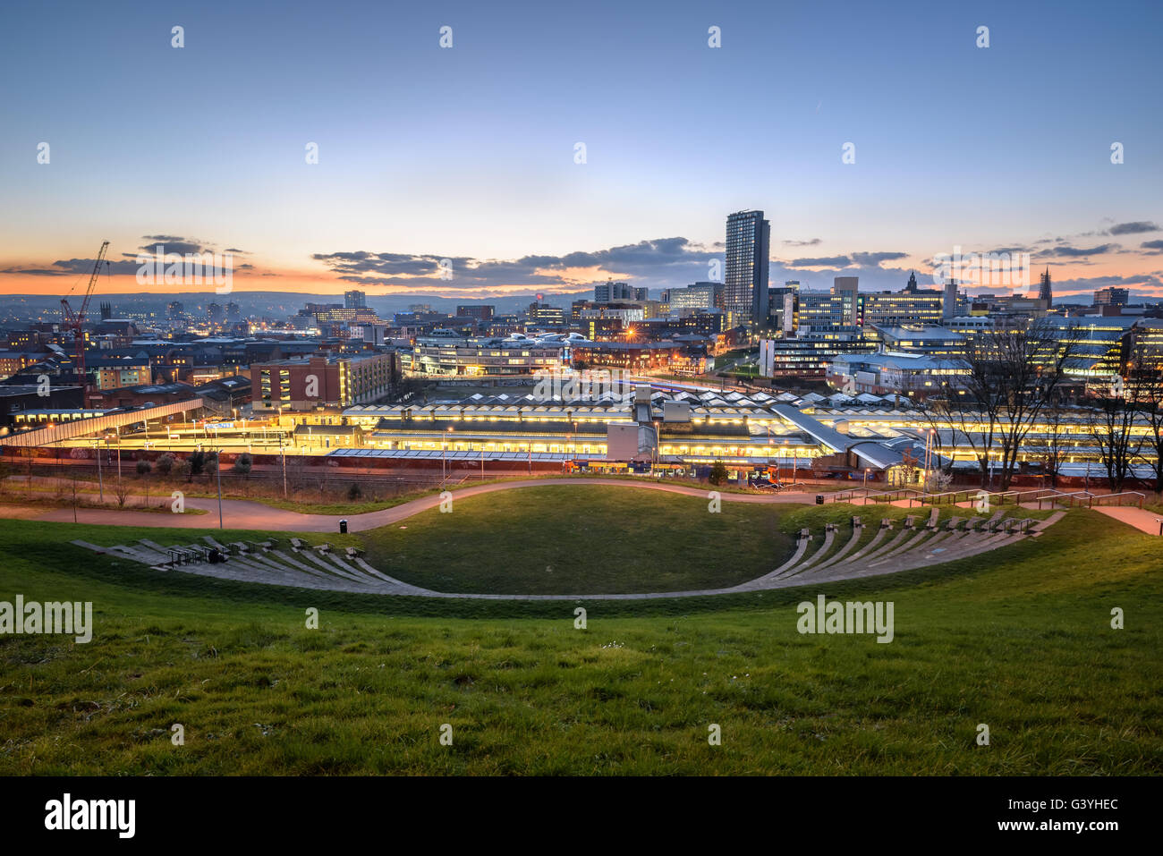 UK,South Yorkshire, Sheffield, City Center at night from Sheaf Valley ...
