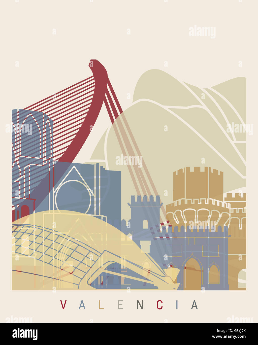 Valencia skyline poster in editable vector file Stock Photo - Alamy