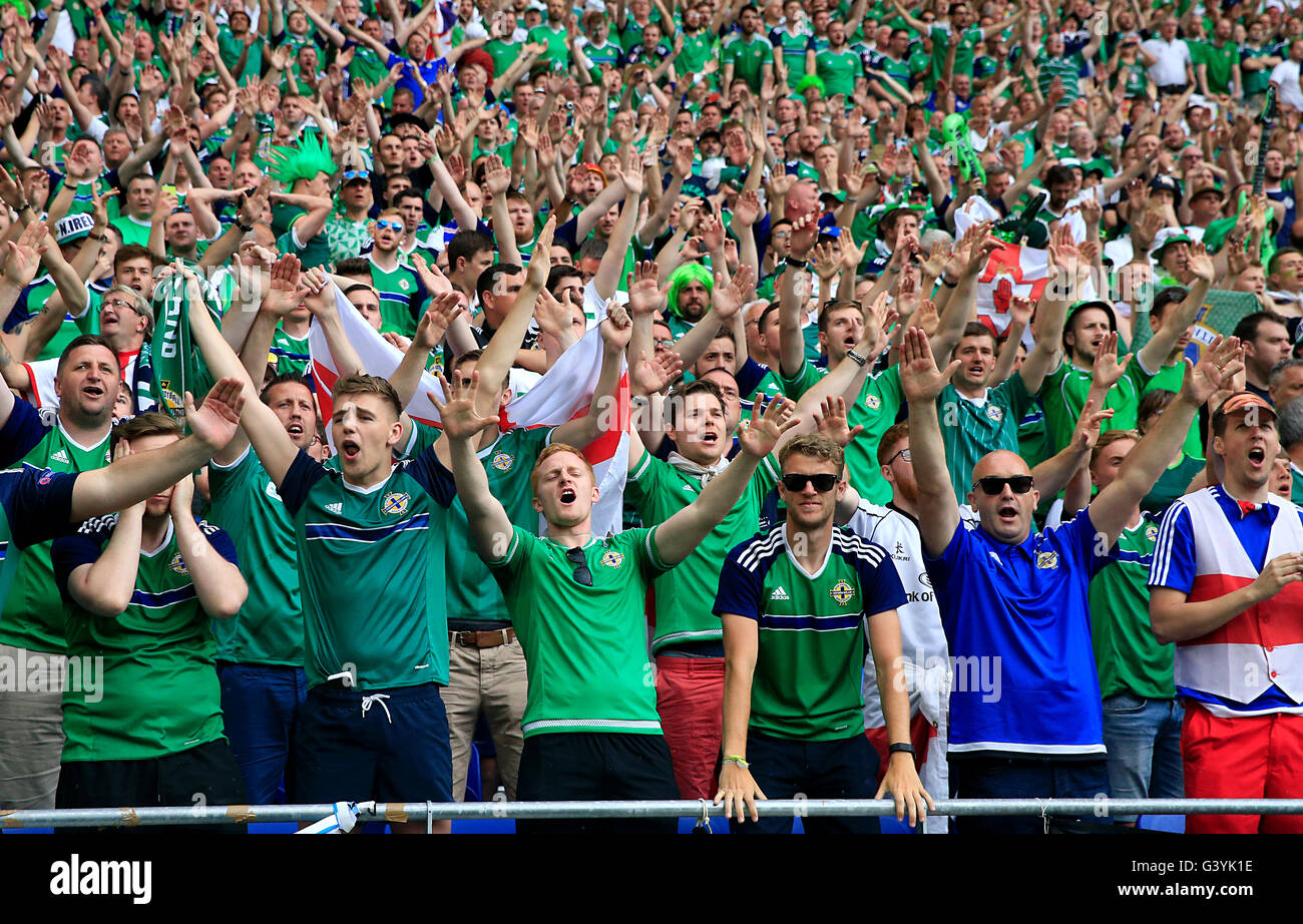 Northern Ireland fans celebrate after the final whistle of the UEFA ...