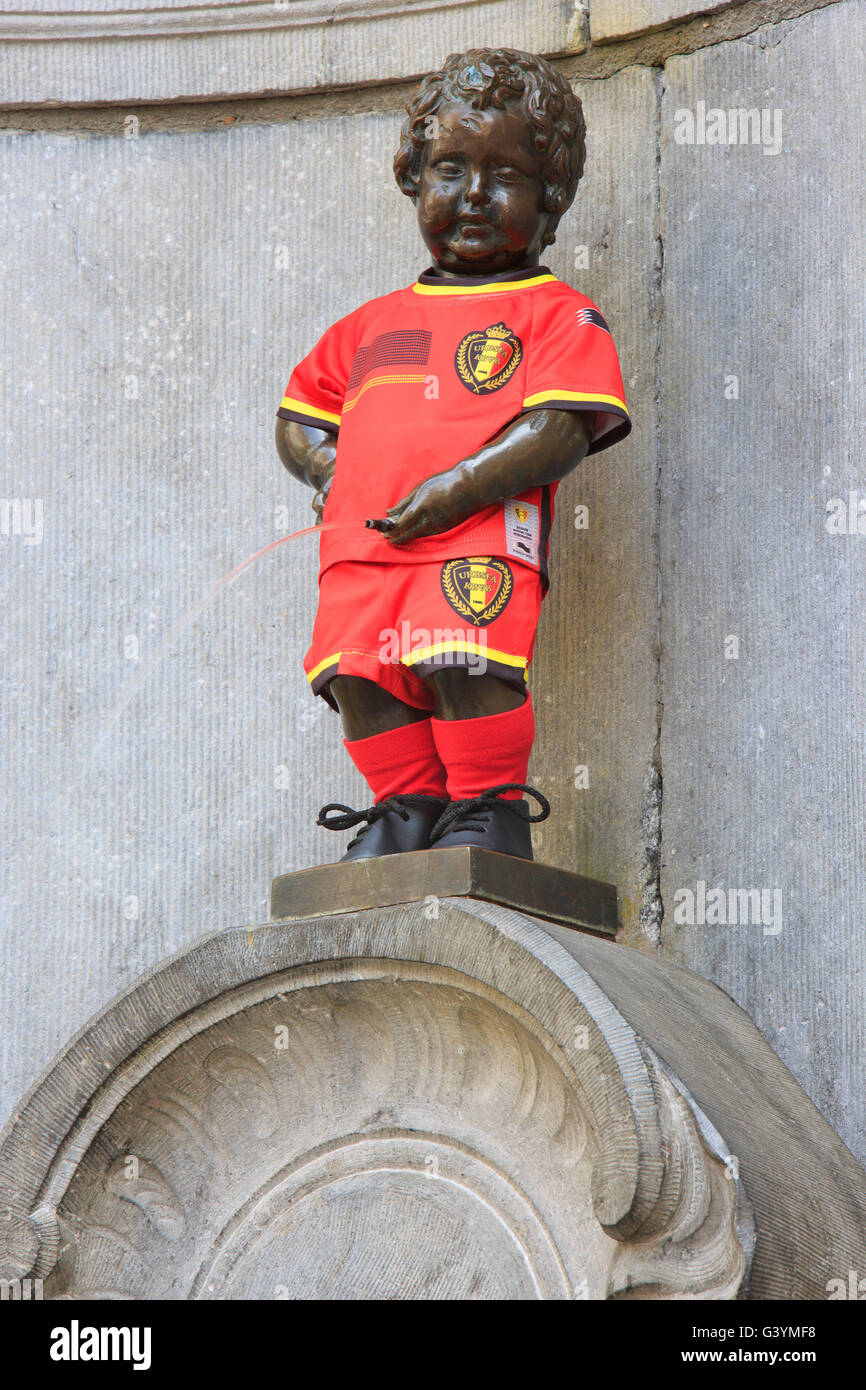 Manneken Pis dressed as a Red Devil (a player of the Belgian national football team) in Brussels ...