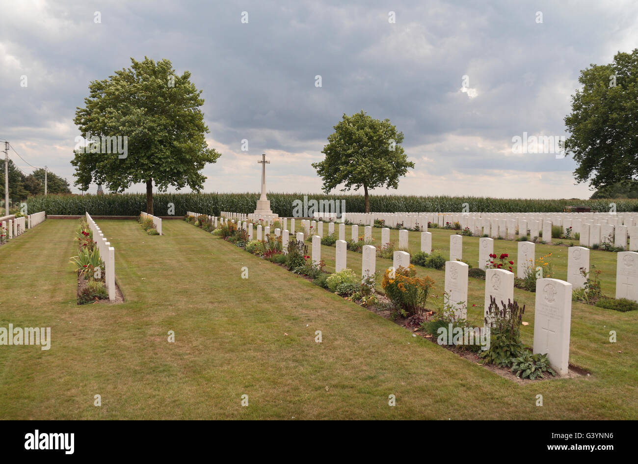 Cross of Sacrifices and headstones in the CWGC Wulverghem Lindenhoek ...