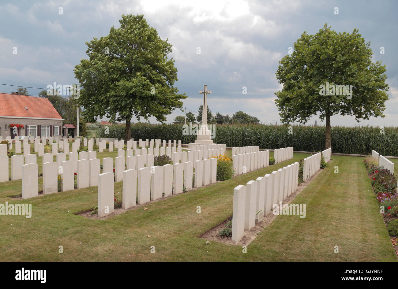 Cross of Sacrifices and headstones in the CWGC Wulverghem Lindenhoek ...
