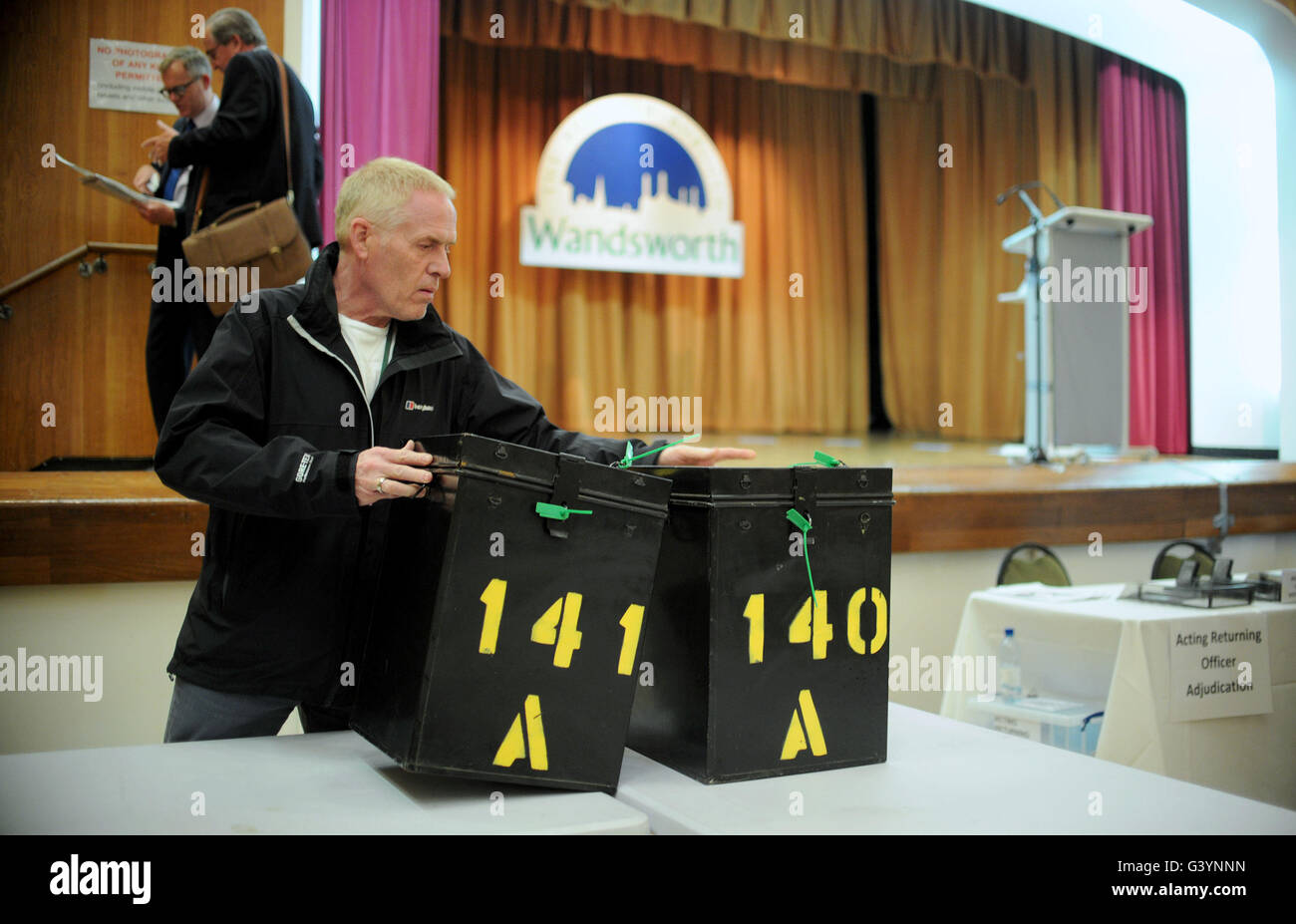 The first ballot boxes arrive during the count at Wandsworth Town Hall ...