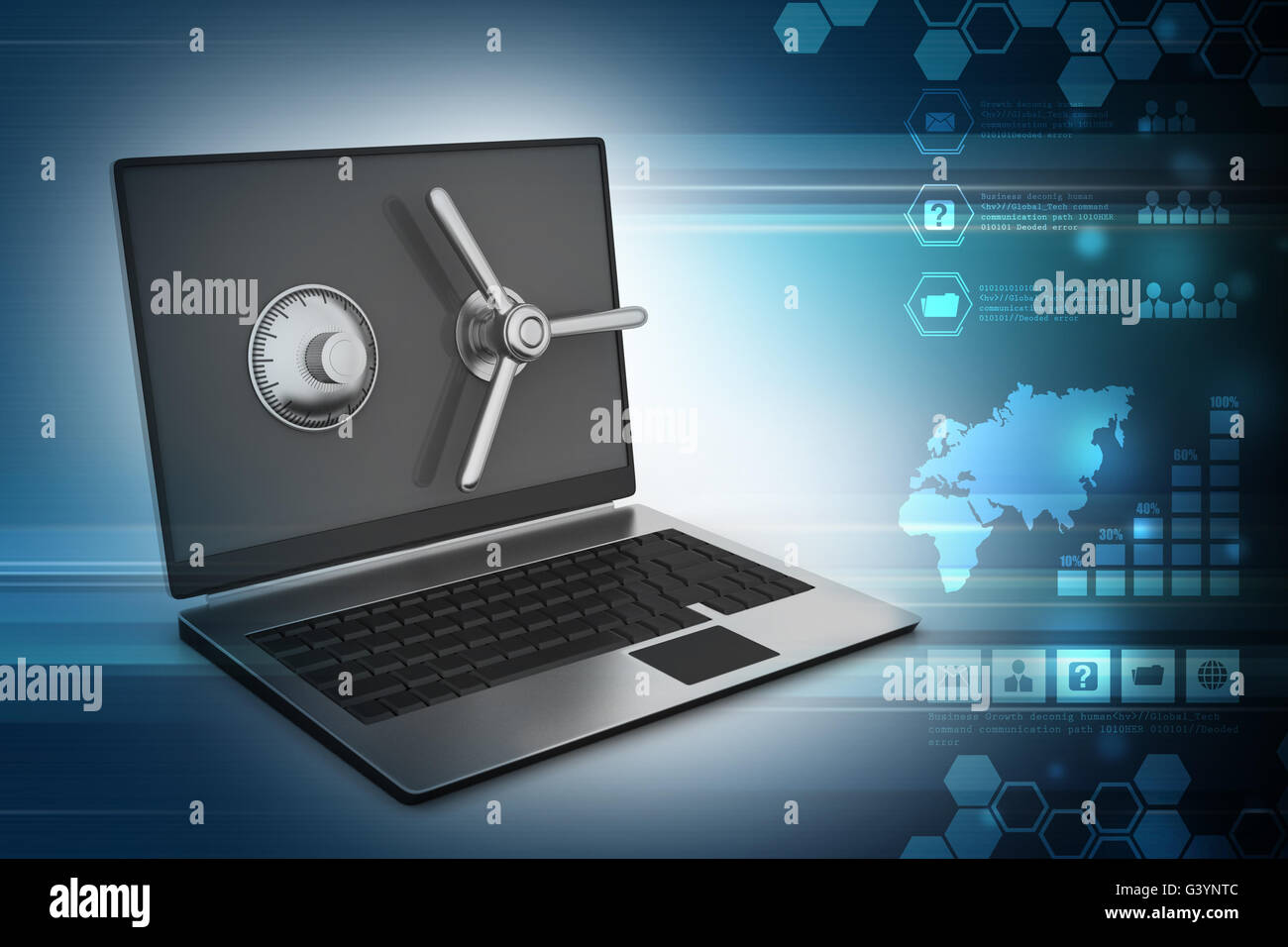 Laptop computer with lock for protection in color background Stock ...