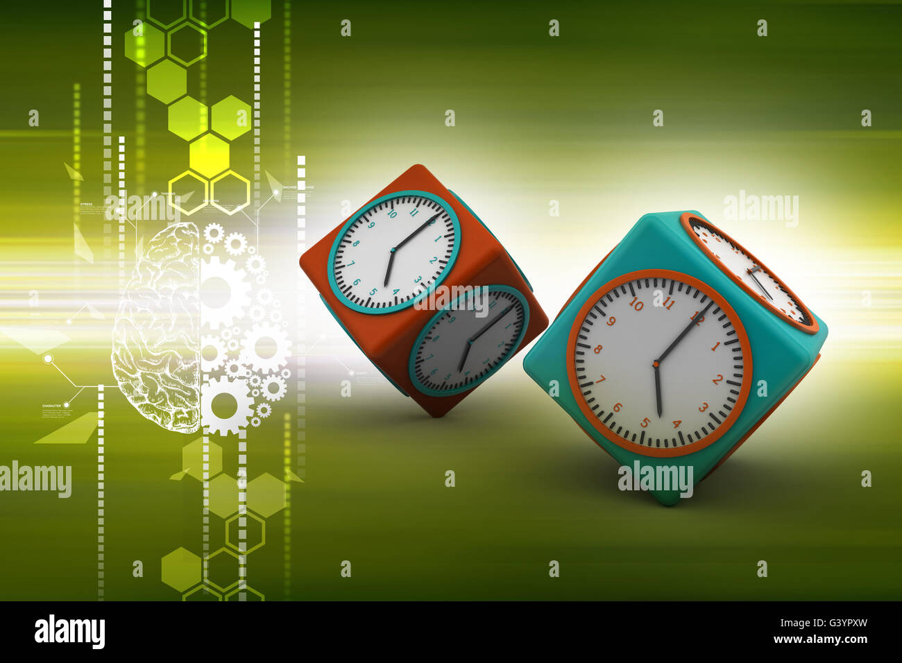 Clock in cube with technical brain in color background Stock Photo - Alamy