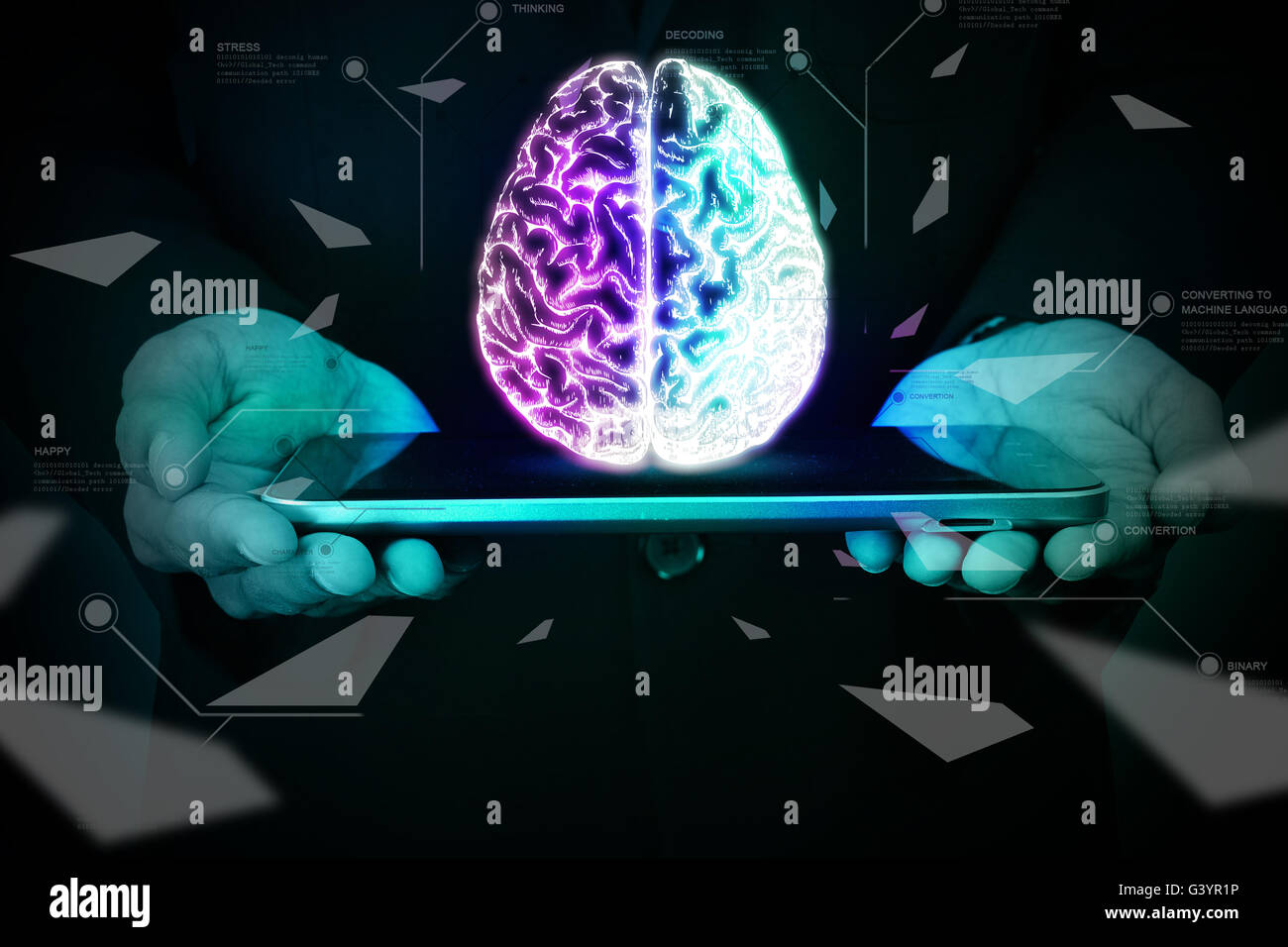 Man showing brain on a smart phone in color background Stock Photo - Alamy