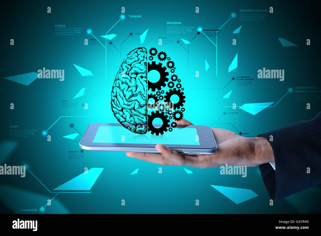 Man showing brain and gear wheels on smart phone in color back ground ...